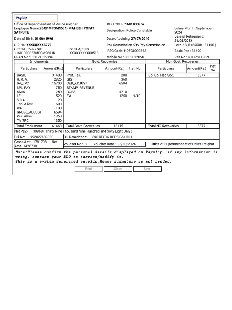 September 2024 Payslip for Police Constable | PDF | Employment ...