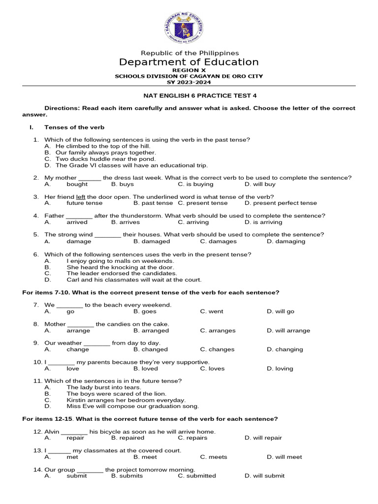 NAT ENGLISH 6 PRACTICE TEST 4 | PDF | Adverb | Verb