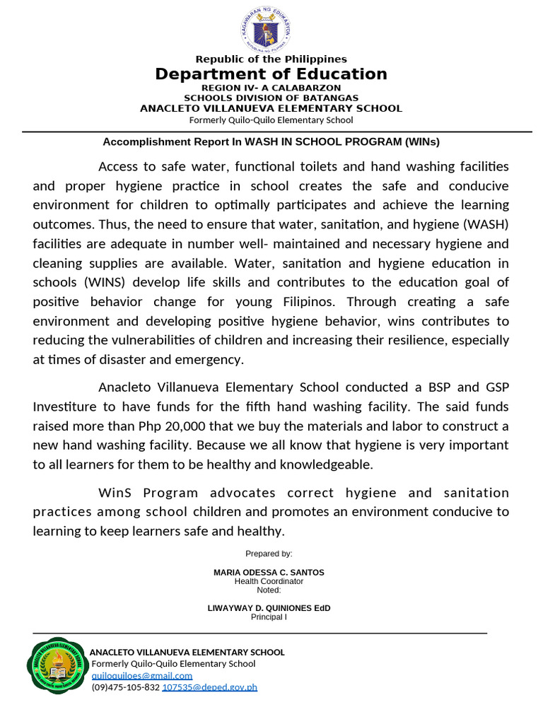 HANDWASHING AREA NARRATIVE REPORT | PDF | Wash | Hygiene