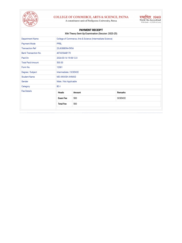 University Payment Receipt | PDF
