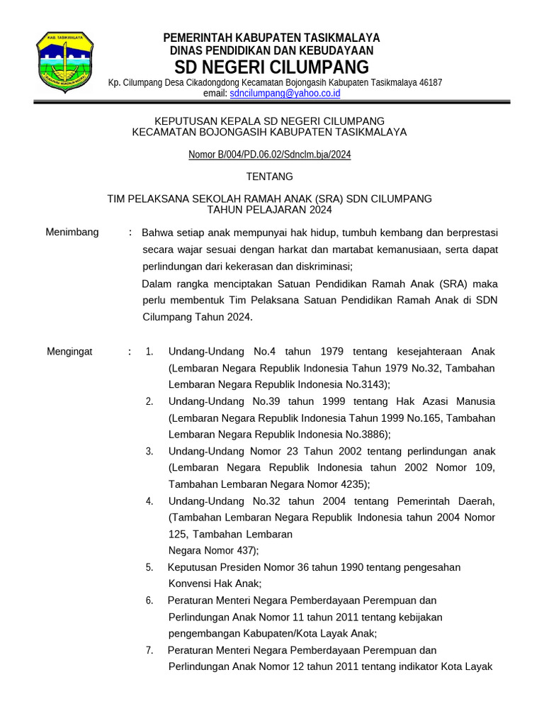 SK Tim Pelaksana Sekolah Ramah Anak Tahun 2024 | PDF