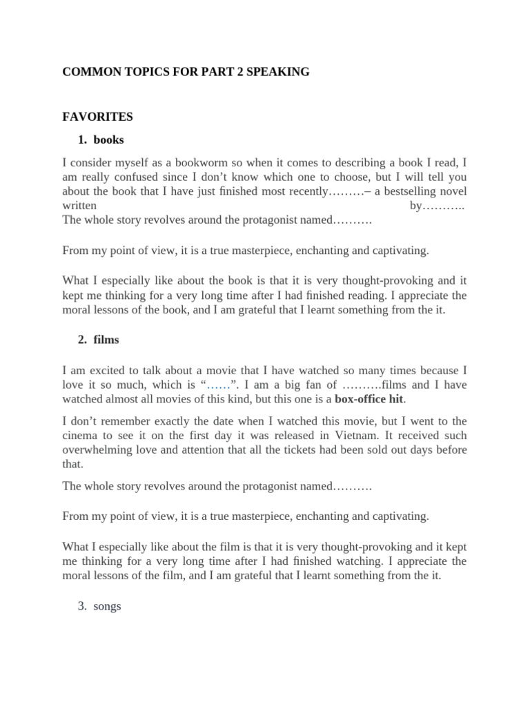 Common Topics for Part 2 Speaking | PDF | Art | Language Arts & Discipline