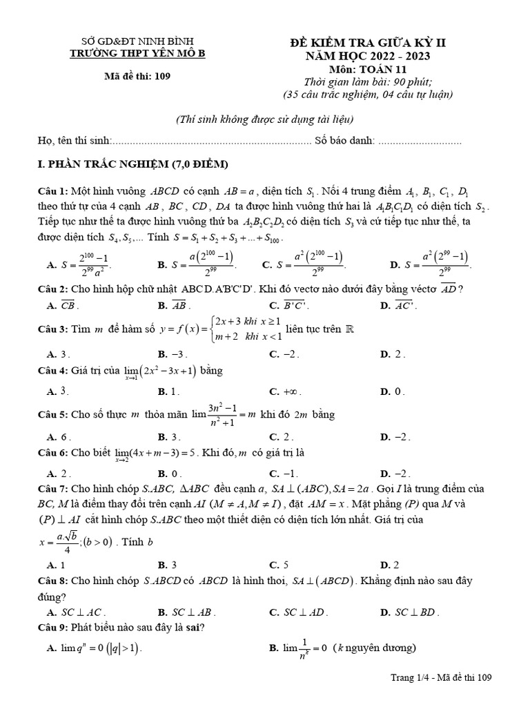 De Giua Ky 2 Toan 11 Nam 2022 2023 Truong THPT Yen Mo B Ninh Binh | PDF