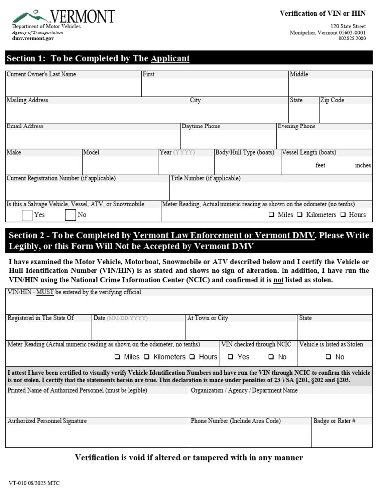 Vermont VIN/HIN Verification Process | PDF | Department Of Motor ...