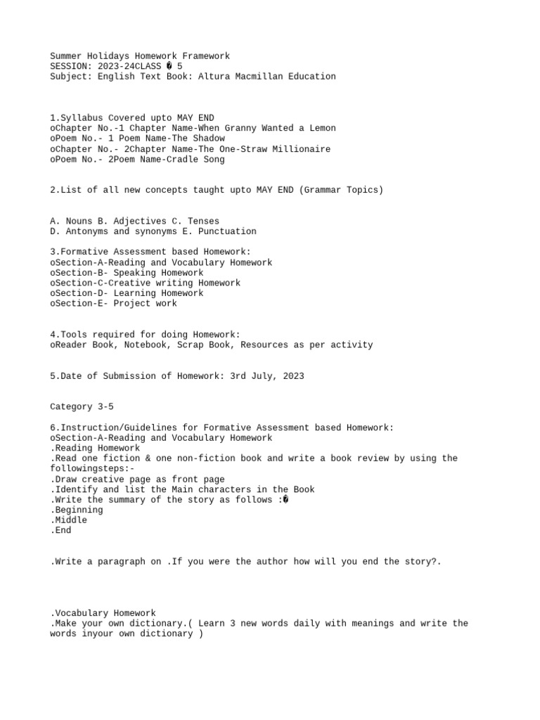 Combined Grade-5th Summer Holiday Homework | PDF | English Language | Vocabulary