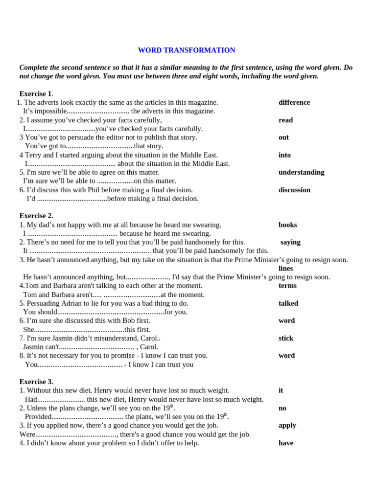 Word Transformation Exercises | PDF | Language Arts & Discipline | Home ...