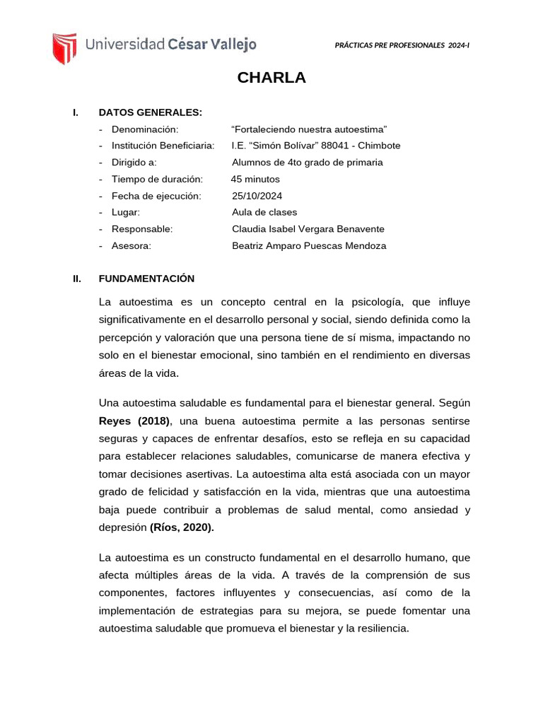 CHARLA 1 - Primer Grado | PDF | Autoestima | Bienestar