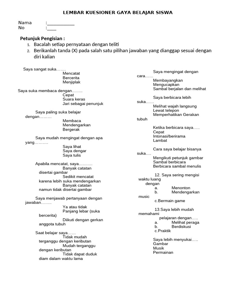 LEMBAR KUESIONER GAYA BELAJAR SISWA | PDF