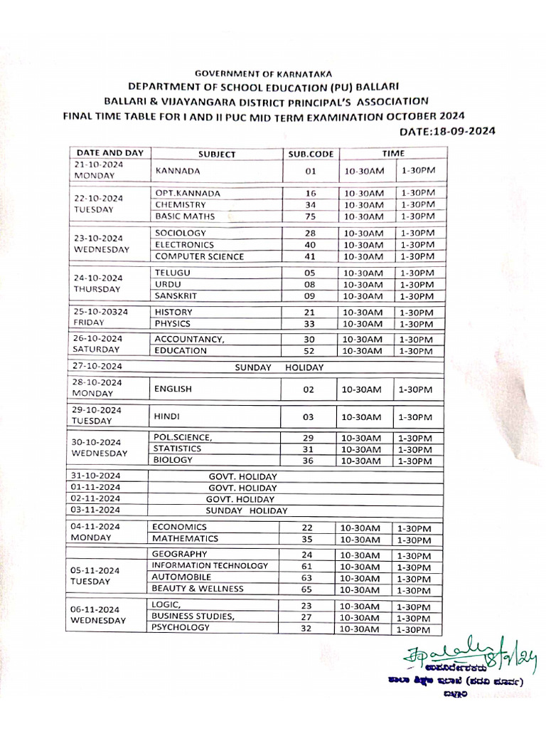 Mid Term Exam Time Table | PDF