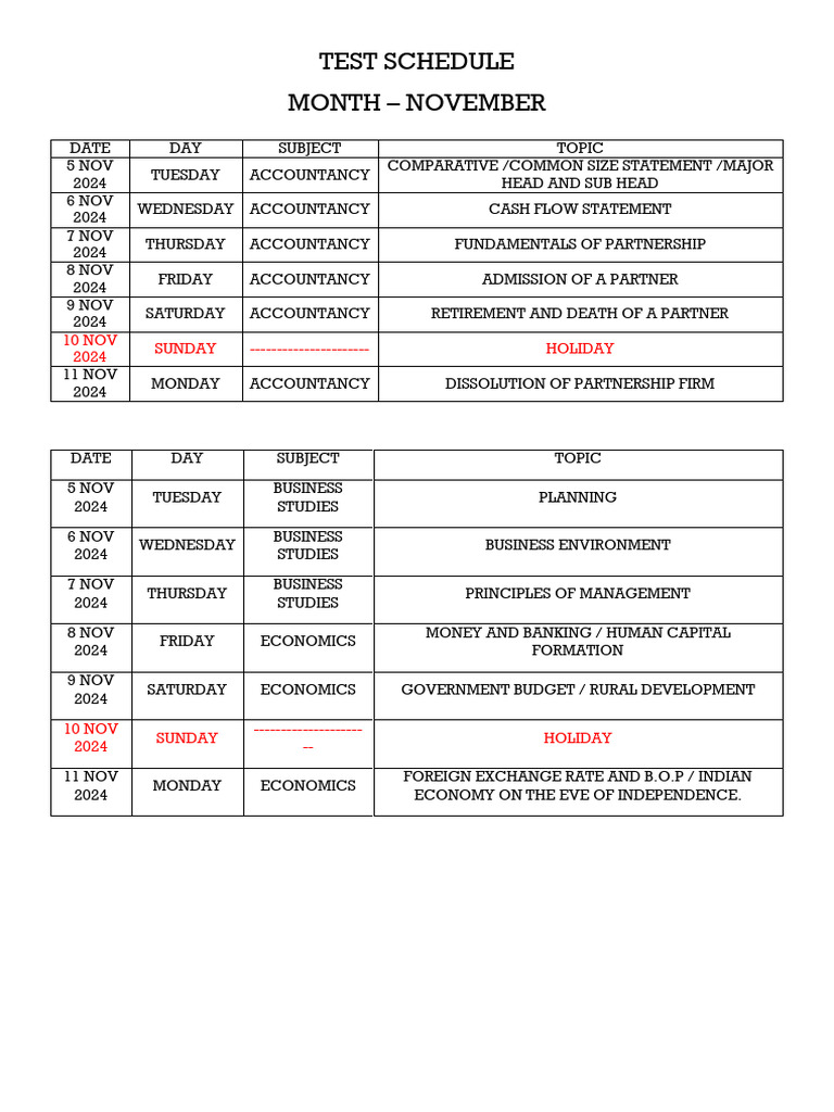 Test Schedule November 2024 | PDF | Finance & Money Management