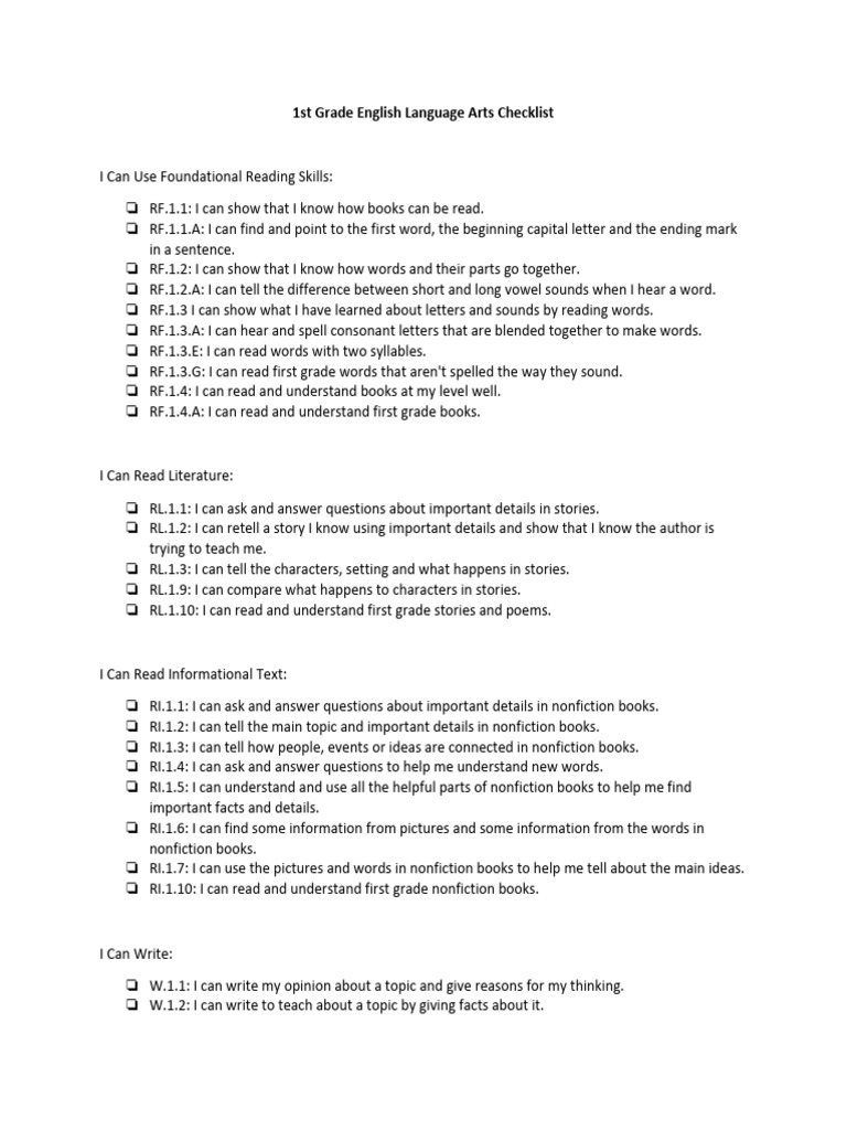 1st_Grade_English_Language_Arts_Checklist | PDF | English Language | Word