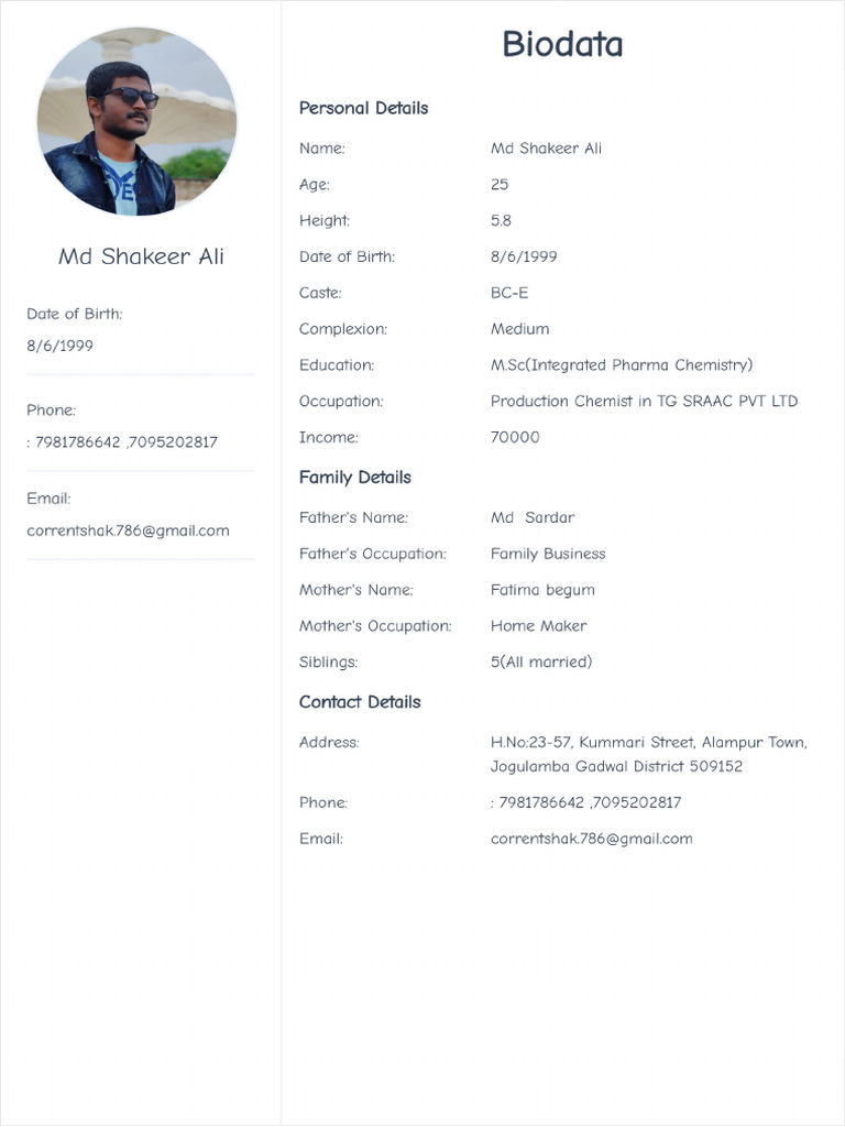MD Shakeer Ali's Biodata | PDF