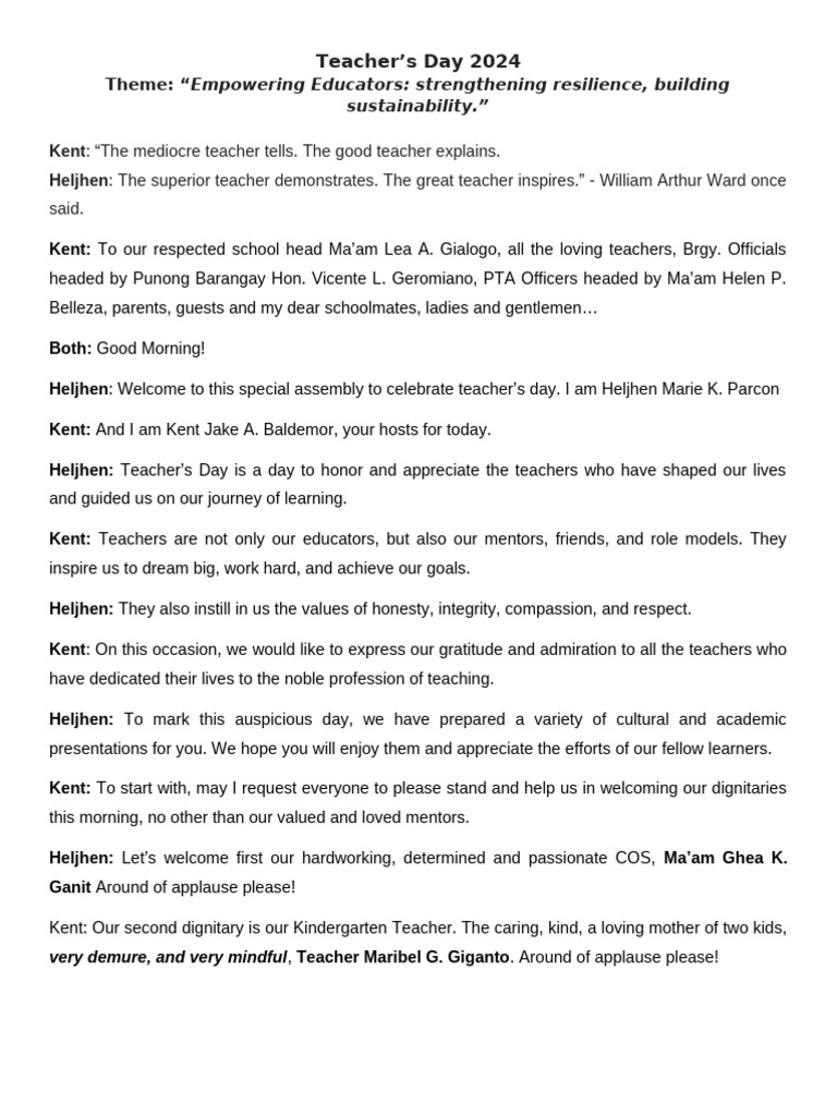 Teacher's Day Script | PDF | Teachers | Social Psychology