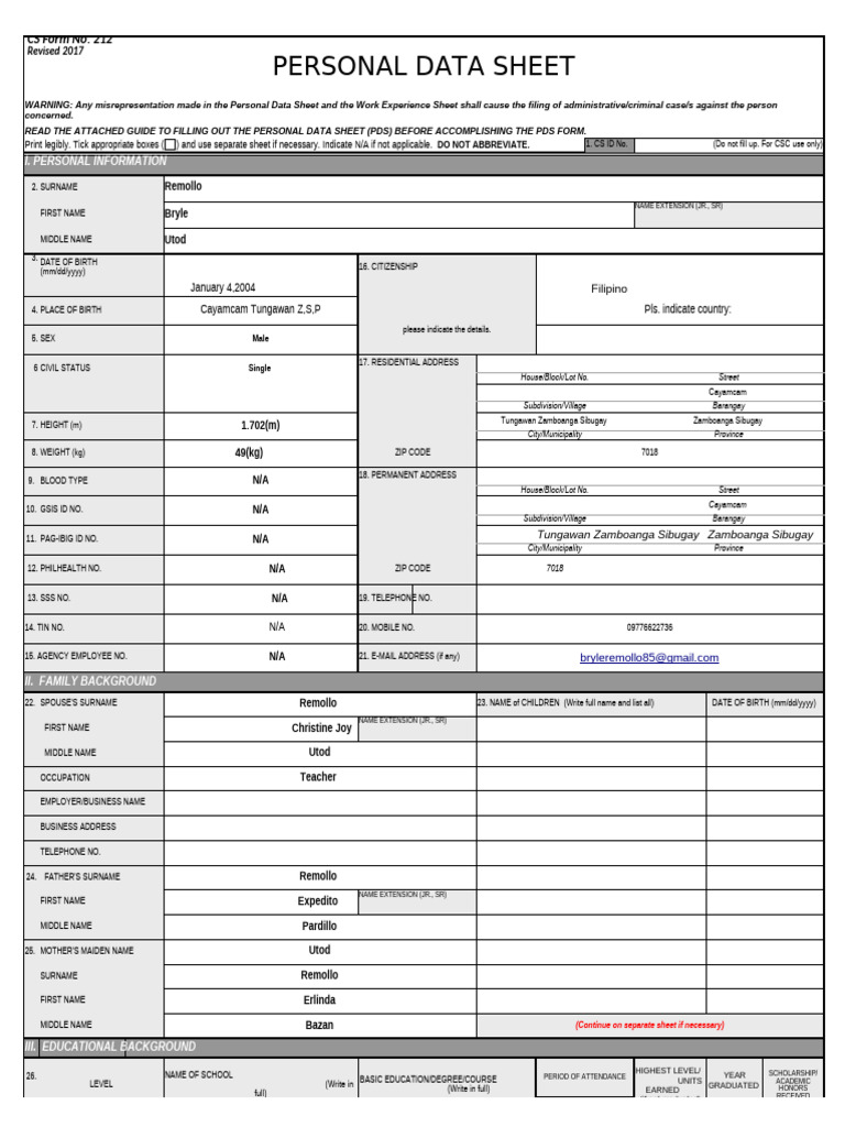 Bryle Personal Data Sheet | PDF | Government | Justice Bryle Personal Data Sheet | PDF | Government | Justice