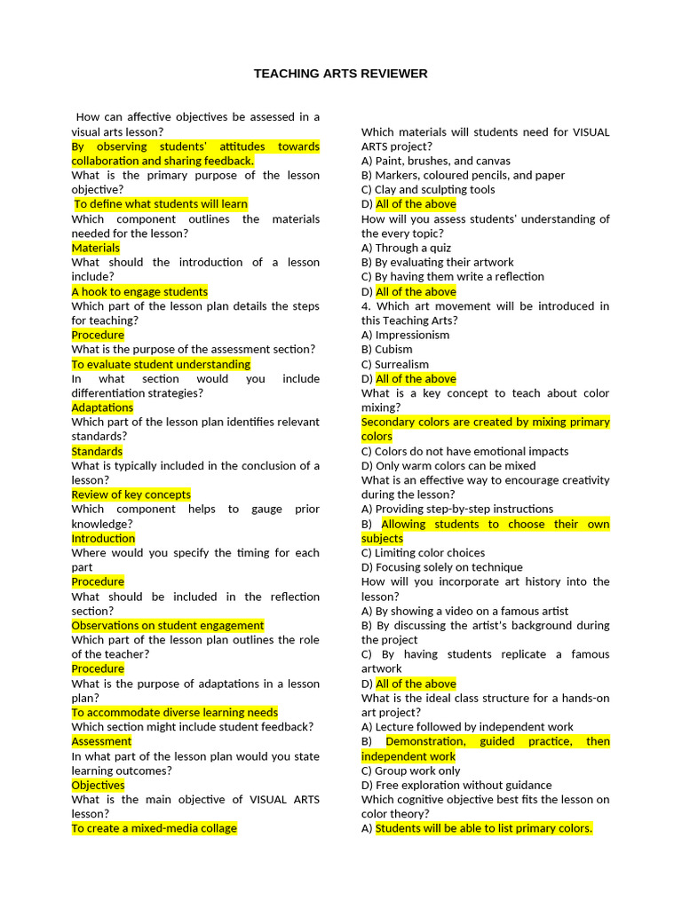 Teaching Arts Final Reviewer | PDF | Lesson Plan | Color
