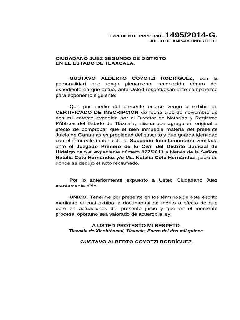 Escrito Exhibiendo Certificado de Inscripción Amparo Gvo. Alberto Coyotzi Rodríguez. | PDF