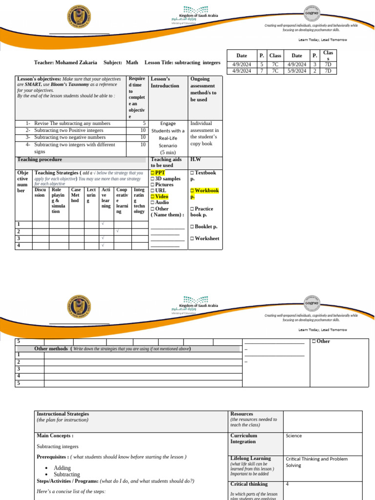 Lesson 4 Subtracting Integers Part 1 - 2 | PDF | Learning | Thought