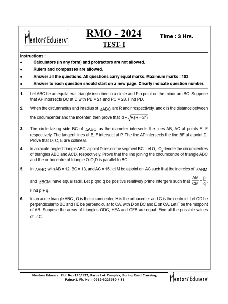 RMO_TEST-I_Paper | PDF