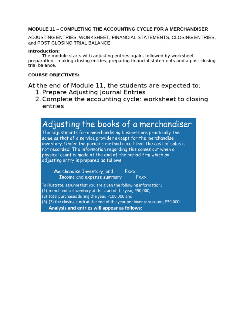 Module 11 Far Completing The Acctg Cycle For A Merchandiser | PDF | Debits And Credits | Expense