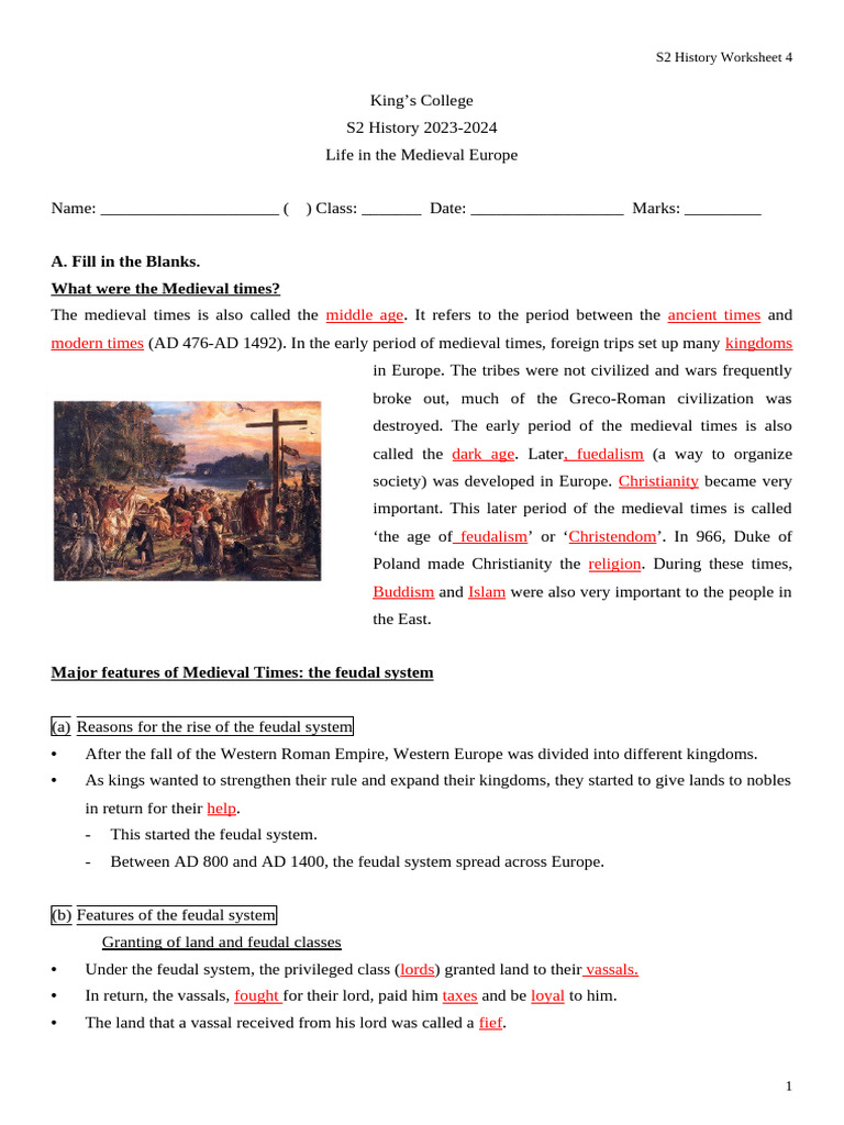 S2 History WS 4 - Medieval Times Answer p.1-4 | PDF | Knight | Serfdom