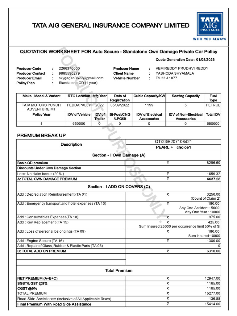 Tata AIG Motor Premium Quote - 3184 - QT - 23 - 6207106421 | PDF ...
