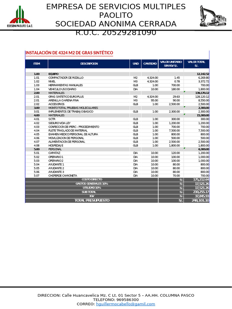 Cotizacion Gras Sintetico | PDF