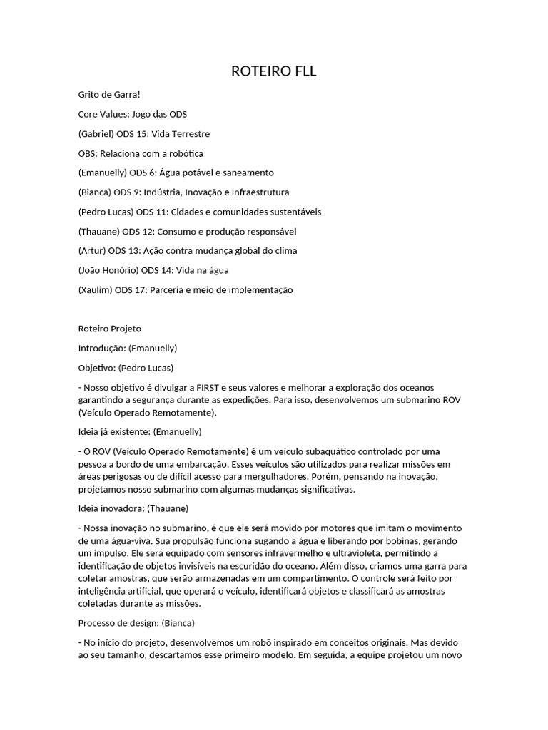 Roteiro FLL | PDF | Submarinos | Robô
