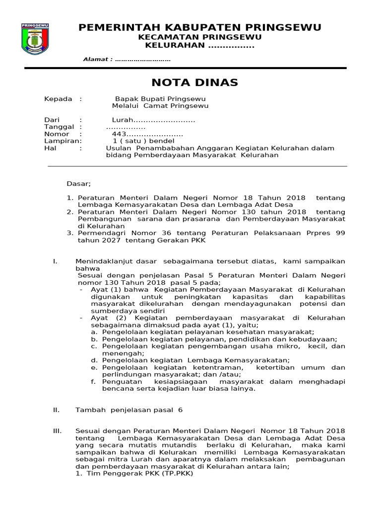 Nota Dinas Permintaan Anggaran LKD Kelurahan | PDF