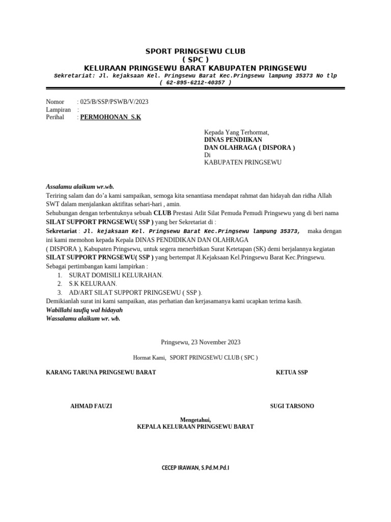 Surat Pengajuan SK Dispora | PDF