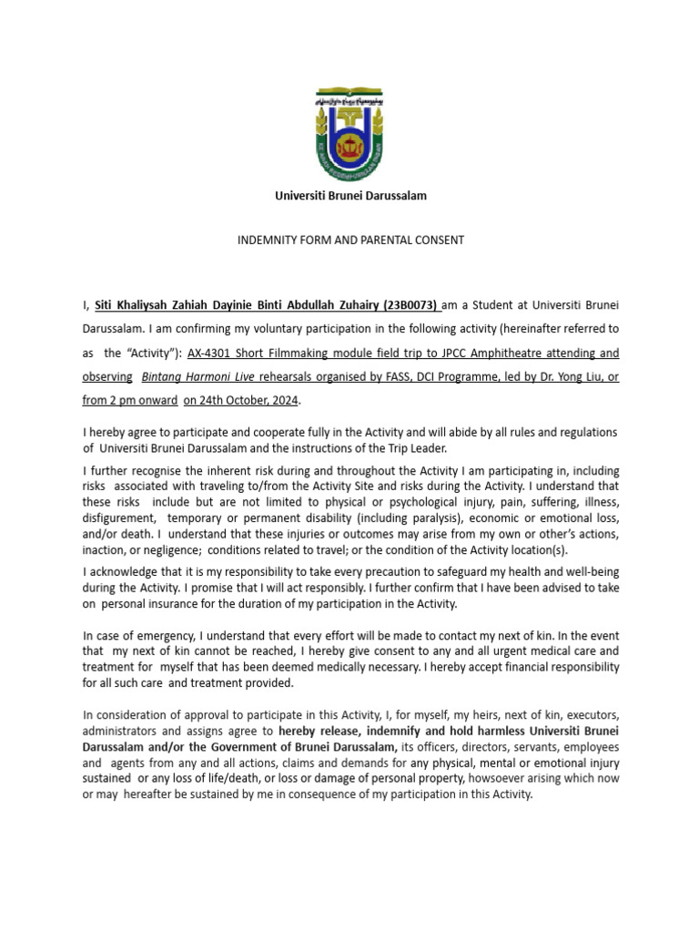 Field Trip Indemnity Form & Parental Consent For AX-4301 (Sem 1 2024-2025) | PDF | Indemnity ...