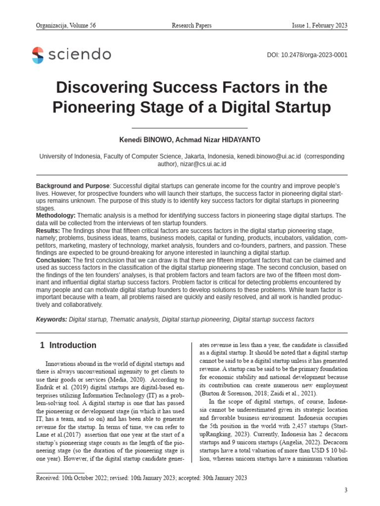 Discovering success factors in the pioneering stage of a digital startup | PDF | Startup Company ...