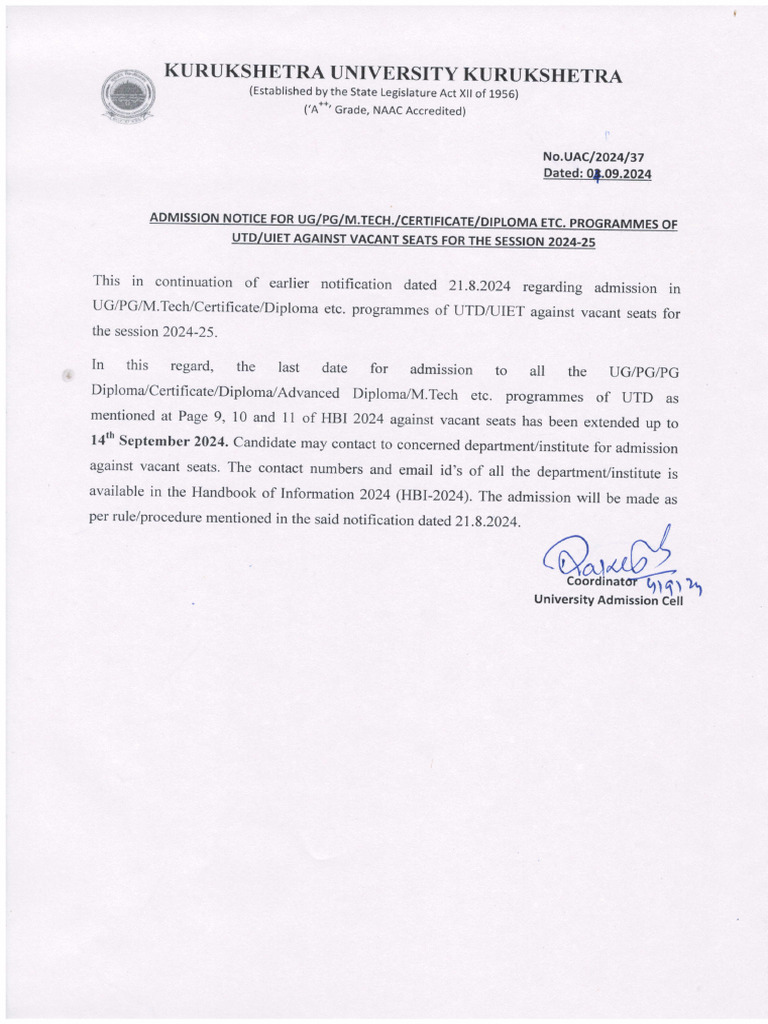 Extension in Last Date For Admision Against Vacant Seats 2024 25 | PDF