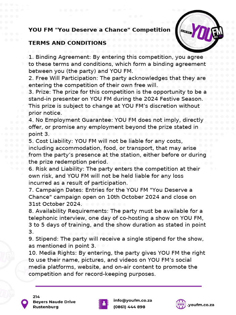 YOU FM "You Deserve a Chance" Contest | PDF | Legal Liability | Justice