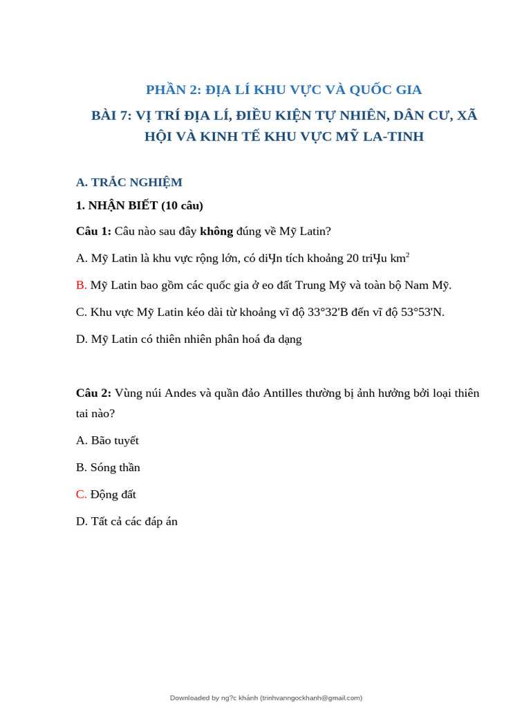 Bo Cau Hoi Trac Nghiem Dia Ly 11 Canh Dieu Ca Nam Theo 4 Muc Do Co Dap An Dang Cap Nhat | PDF