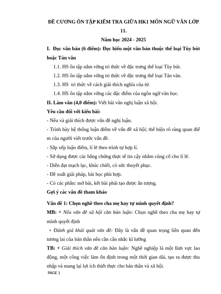 ĐỀ CƯƠNG ÔN TẬP KTGHKI LỚP 11 | PDF