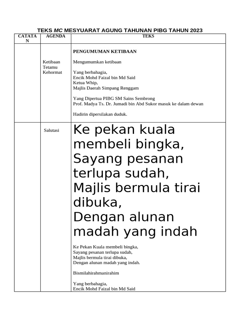 Teks MC Mesyuarat Agung Tahunan Pibg Tahun 2023 | PDF