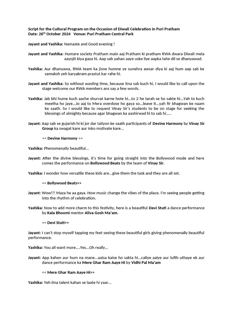 Script For The Cultural Program On The Occasion of Diwali Celebration ...
