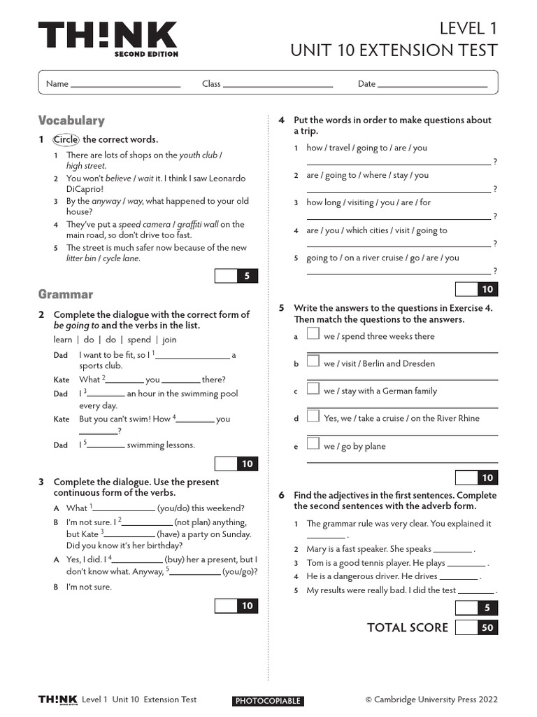 Level 1 Unit 10 Extension Test | PDF | Adverb | Languages