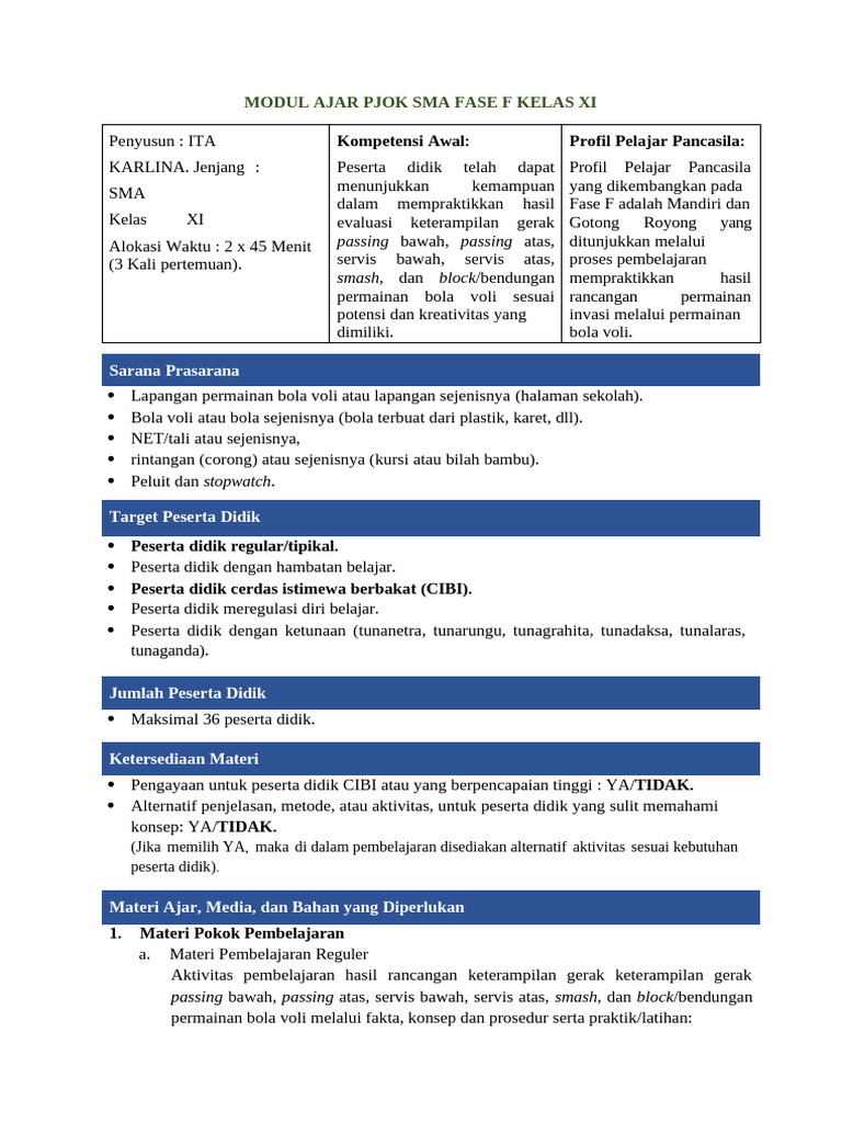 Modul Ajar Pjok Sma Fase F Kelas Xi Unggah PMM | PDF
