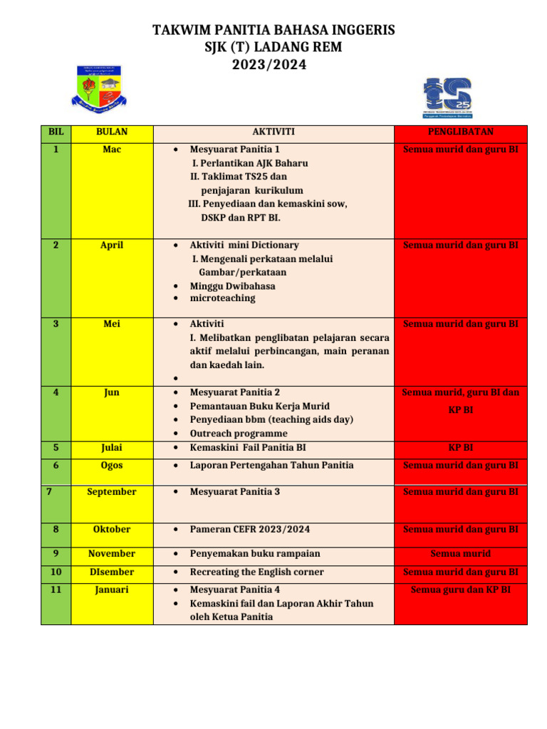 Takwim Panitia Bahasa Inggeris | PDF