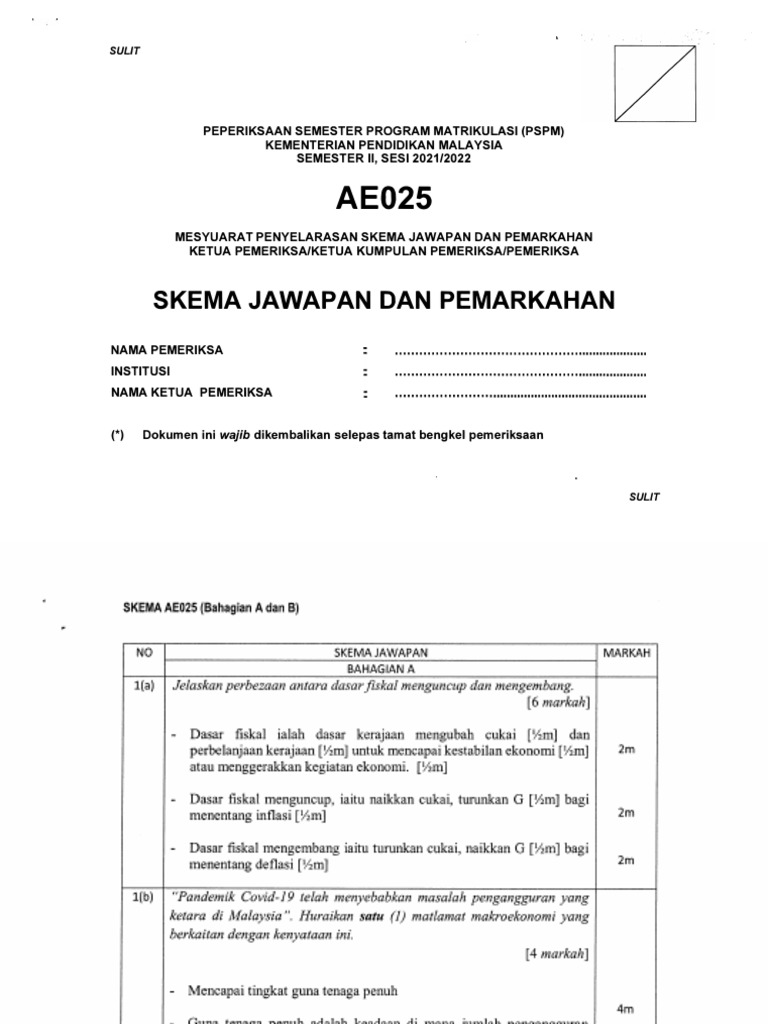 Skema Jawapan PSPM AE025 2021/2022 | PDF