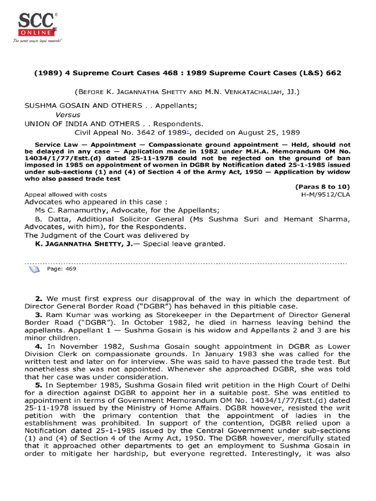 Sushma Gosain Vs Union of India 1989 SSC 468 | PDF