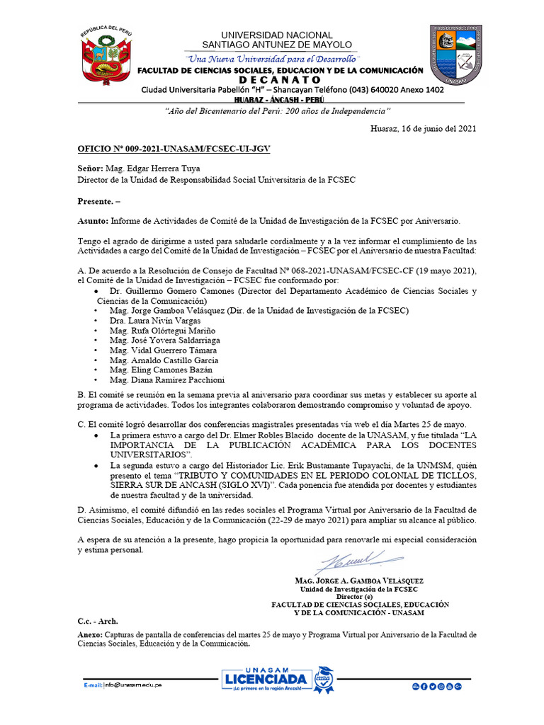 OFICIO JGV 009-2021 Informe Actividades Aniversario FCSEC Con Anexo | PDF