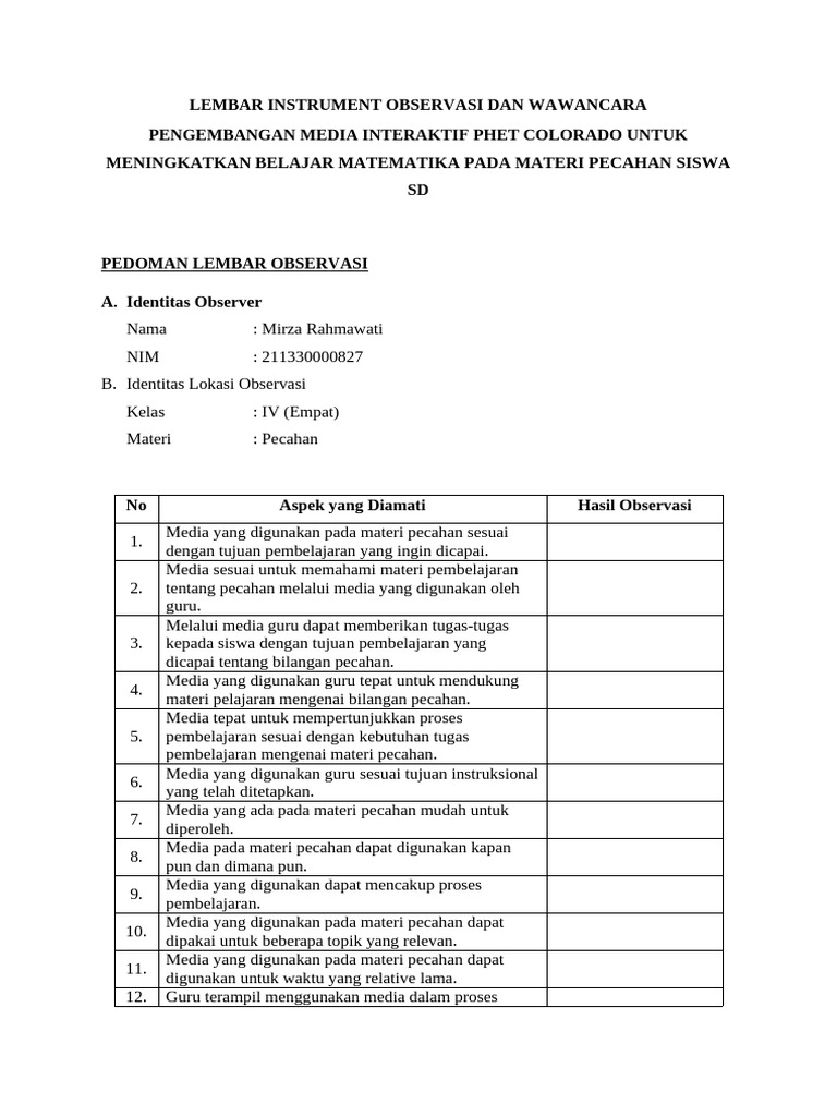 Lembar Instrument Observasi Dan Wawancara | PDF