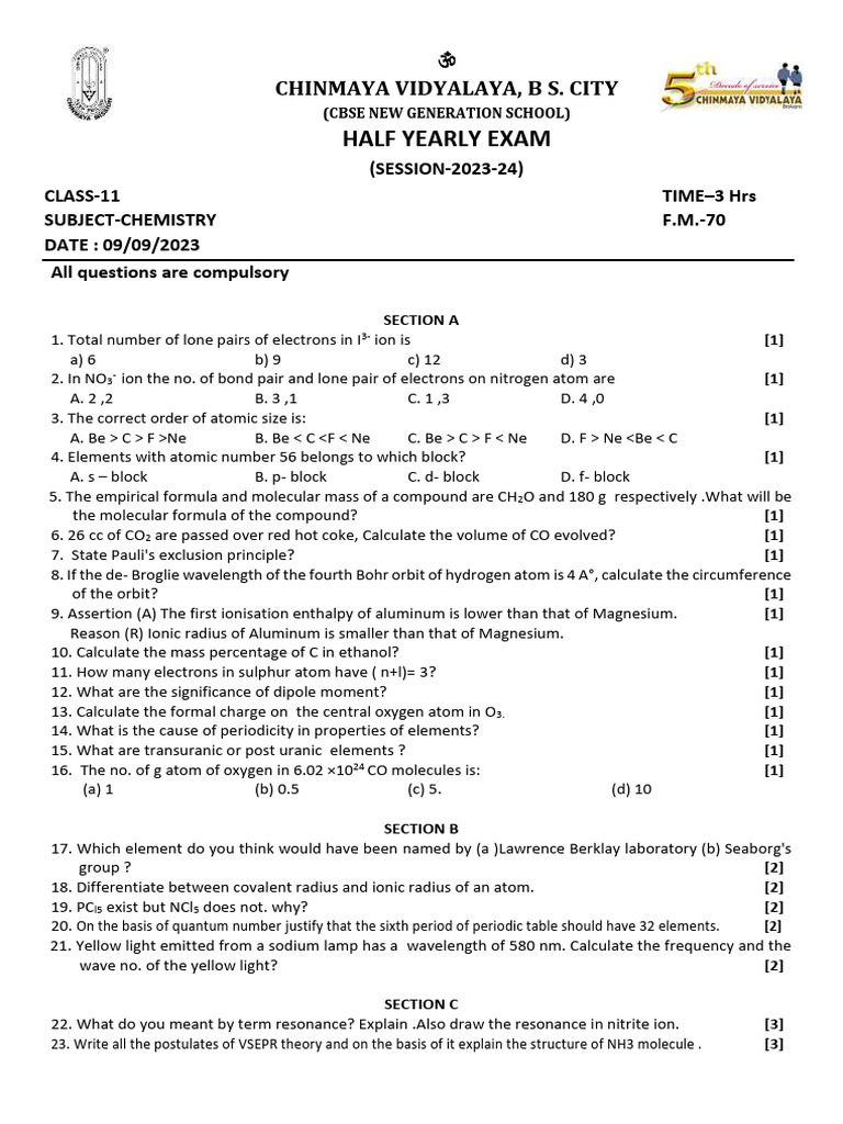 Class 11 Chemistry Half-Yearly Exam 2023 | PDF | Mental Health | Major ...