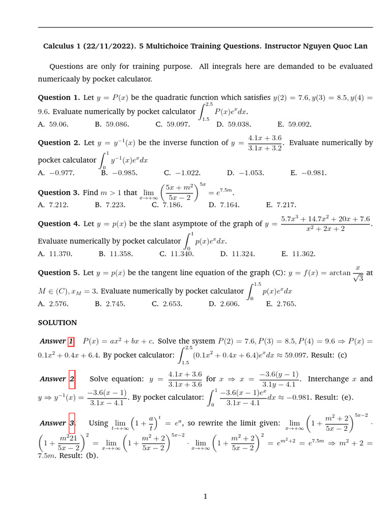 Calculus 1: Multichoice Questions & Solutions | PDF | Mathematical ...