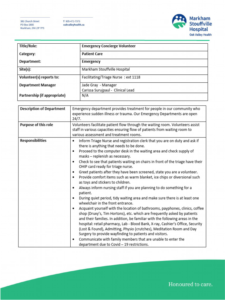 Emergency Concierge Position Description | PDF | Emergency Department ...