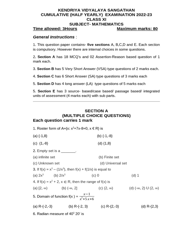 XI Maths-QP | PDF | Mathematics | Mathematical Concepts