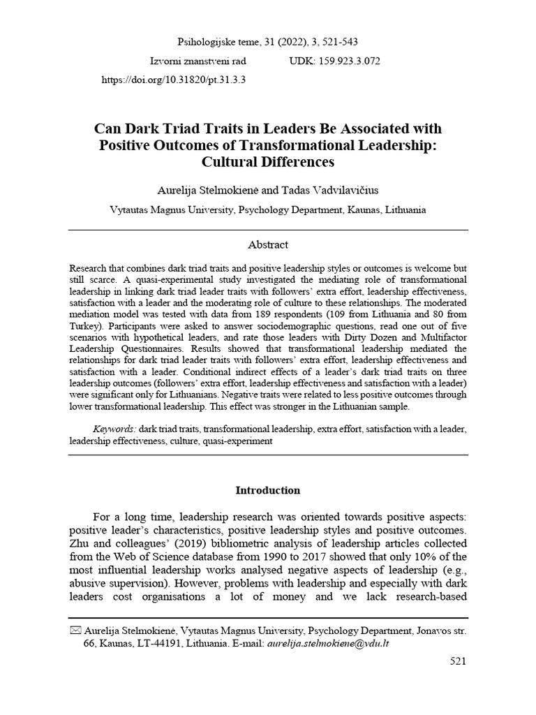Can Dark Triad Traits in Leaders Be Associated With Positive Outcomes ...