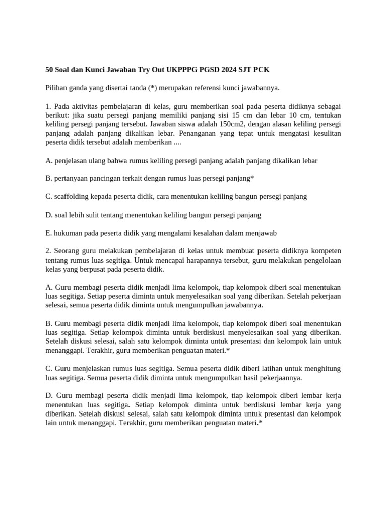 50 Soal Dan Kunci Jawaban Try Out UKPPPG PGSD 2024 SJT PCK | PDF
